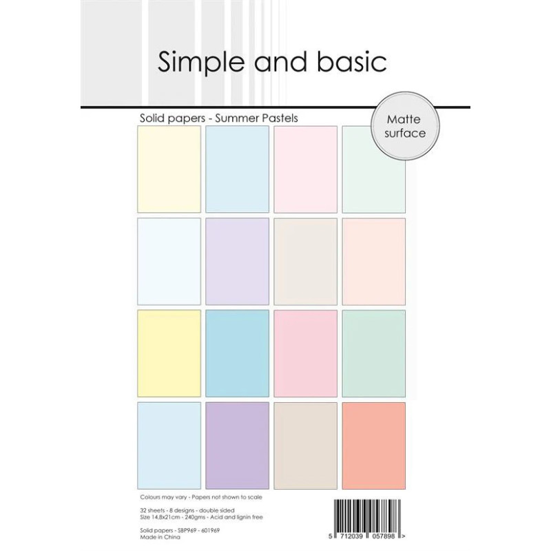 Simple And Basic - Papirpakke A5 - Solid Papers - Summer Pastels - SBP969